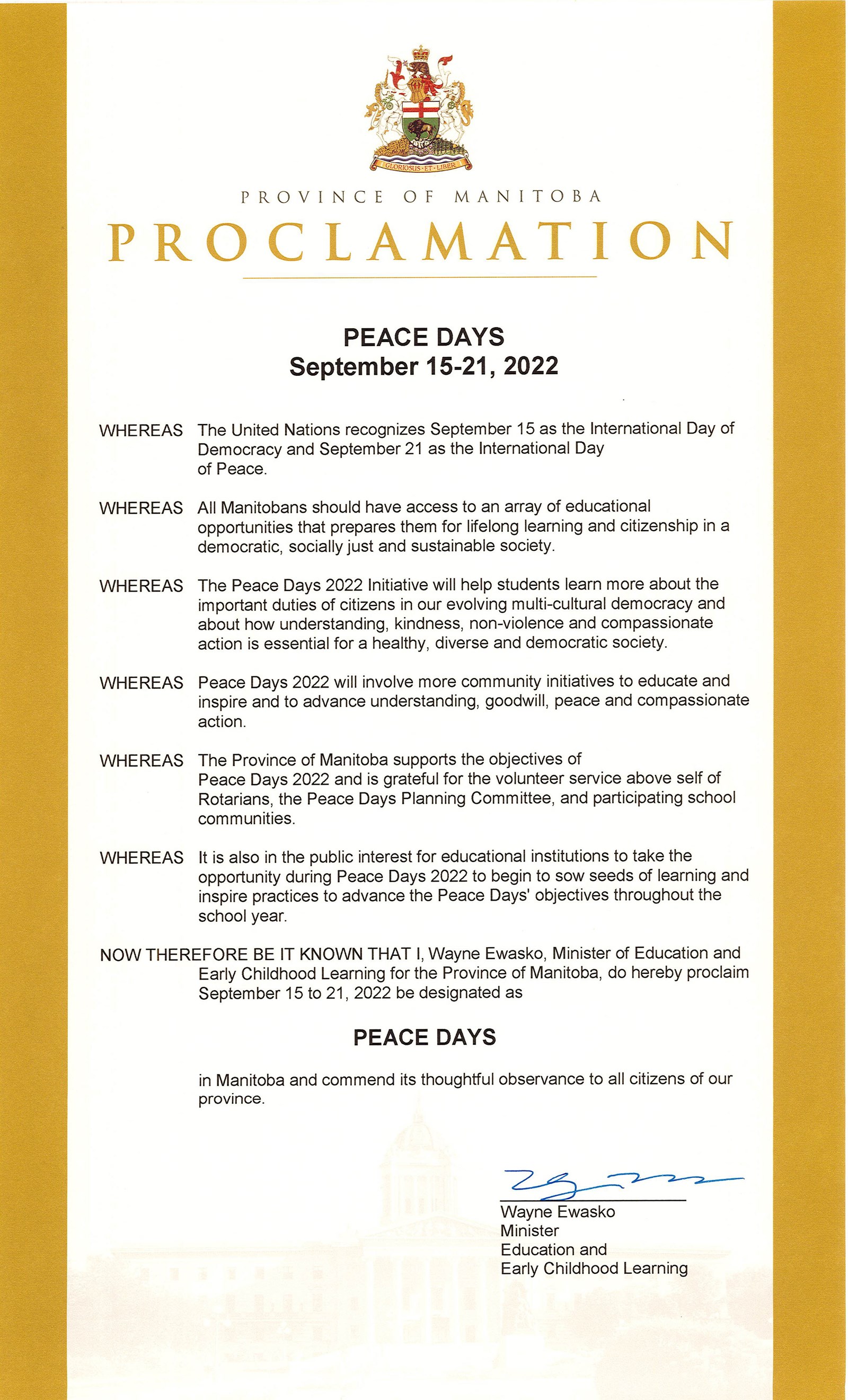 Proclamation: Peace Days - September 15-21, 2022