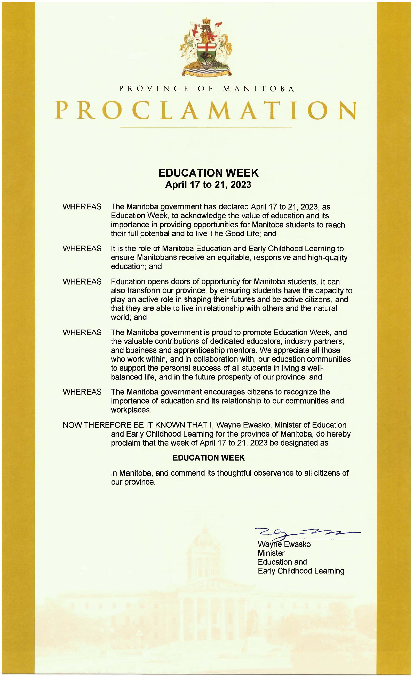 Proclamation: Education Week - April 17-21, 2023